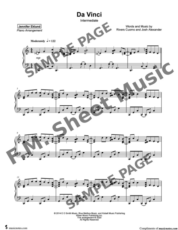 Da Vinci (Intermediate Piano) By Weezer - F.M. Sheet Music - Pop Arrangements by Jennifer Eklund